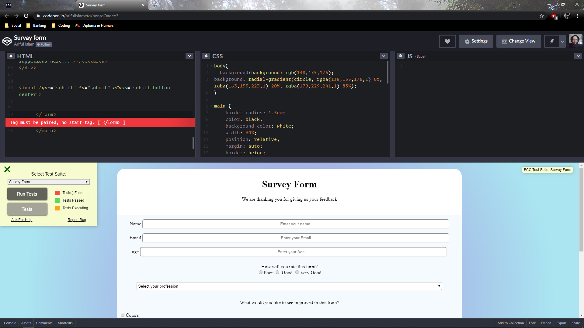 Survey Form - generally stuck - HTML-CSS - The freeCodeCamp Forum