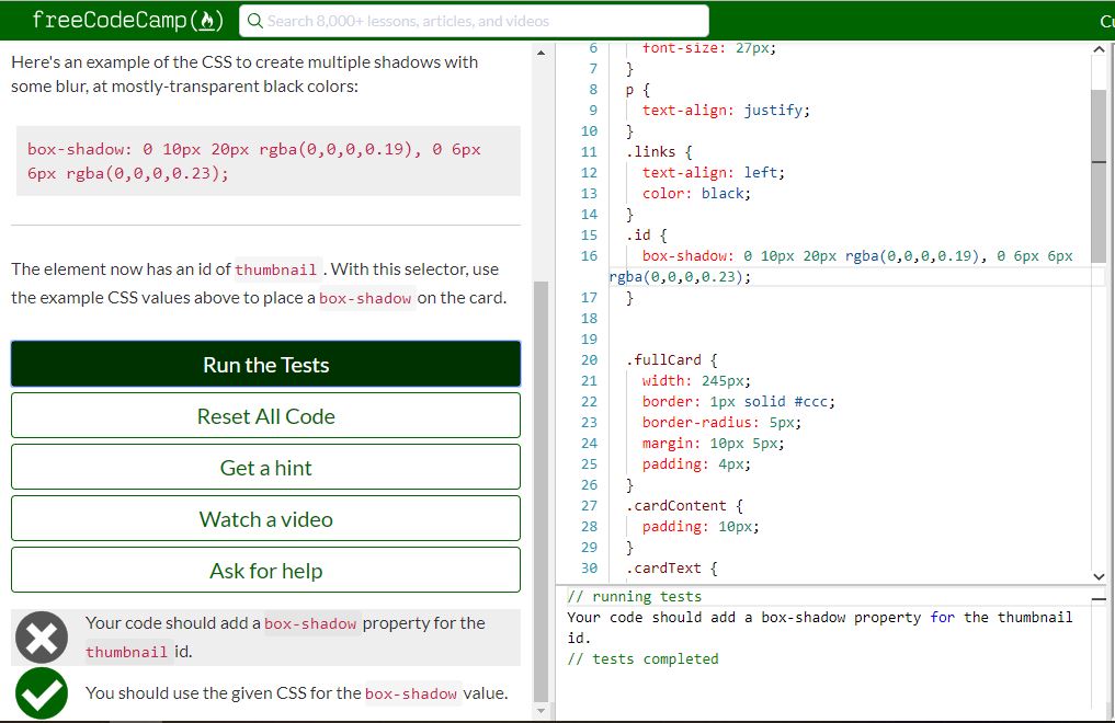Add a box-shadow to a Card-like Element 5 - HTML-CSS - The freeCodeCamp ...